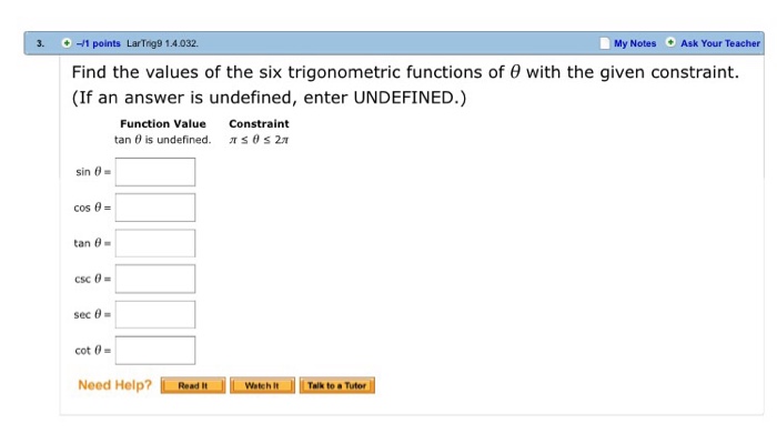Solved Find the values of the six trigonometric functions of | Chegg.com