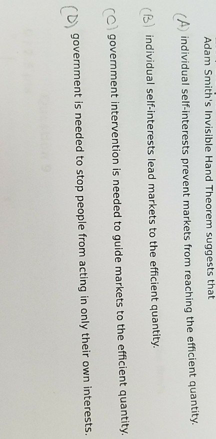 Solved Adam Smith's Invisible Hand Theorem suggests that | Chegg.com