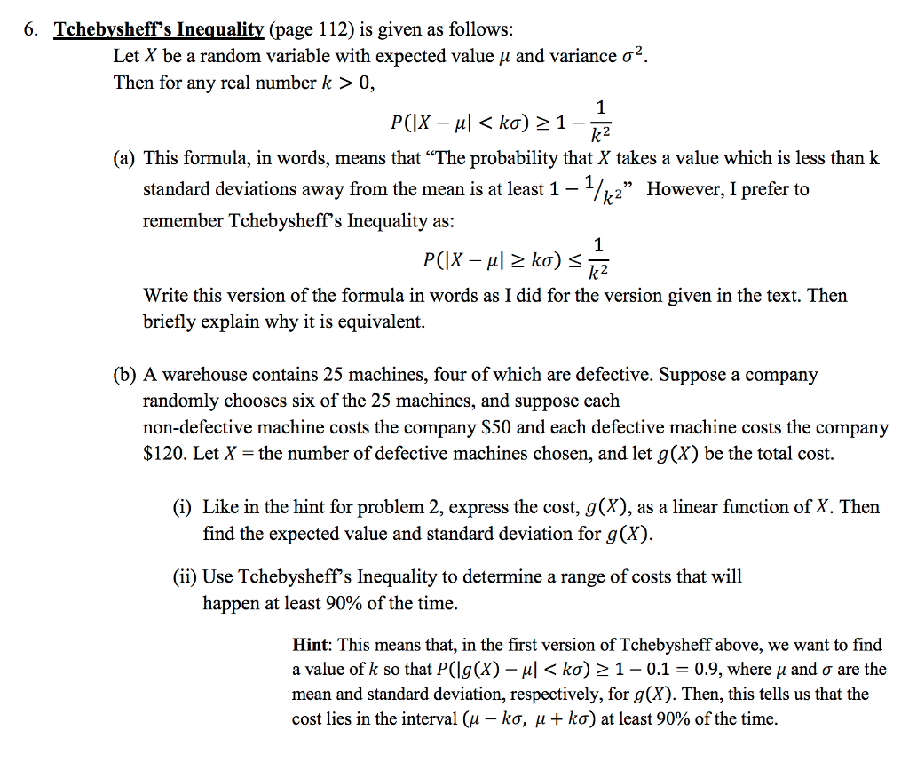 Solved 6. Tchebysheff's Inequality (page 112) is given as | Chegg.com