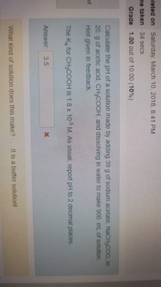 Solved leted on Saturday, March 10, 2018, 8:41 PM ne taken | Chegg.com