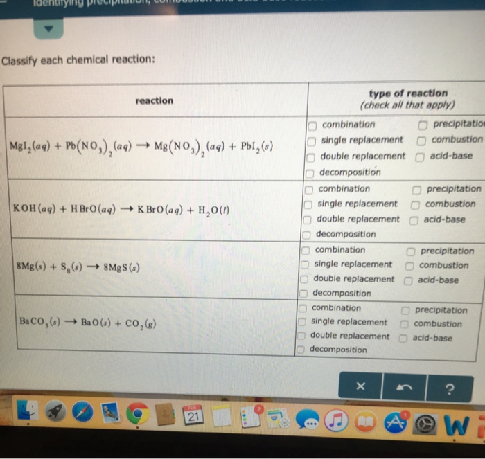 Solved Classify each chemical reaction: | Chegg.com