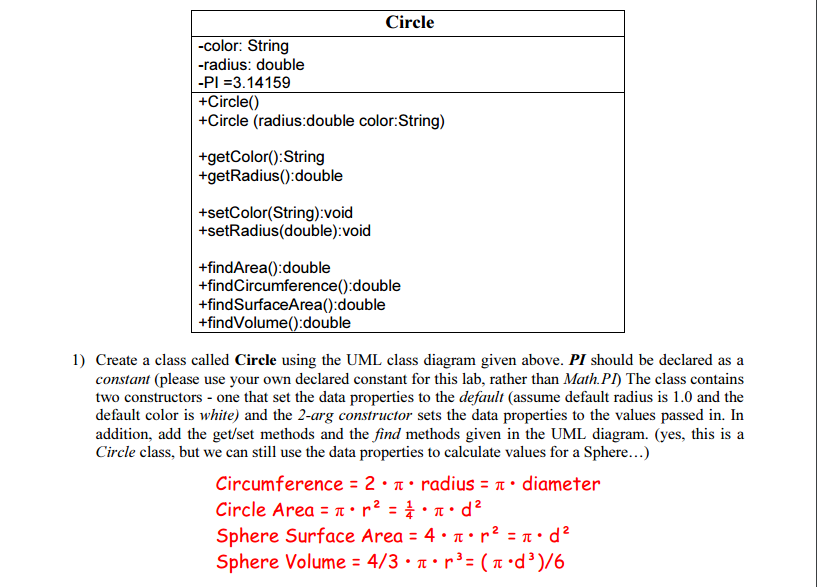 Solved Circle -color: String -radius: double -PI-3.14159 | Chegg.com