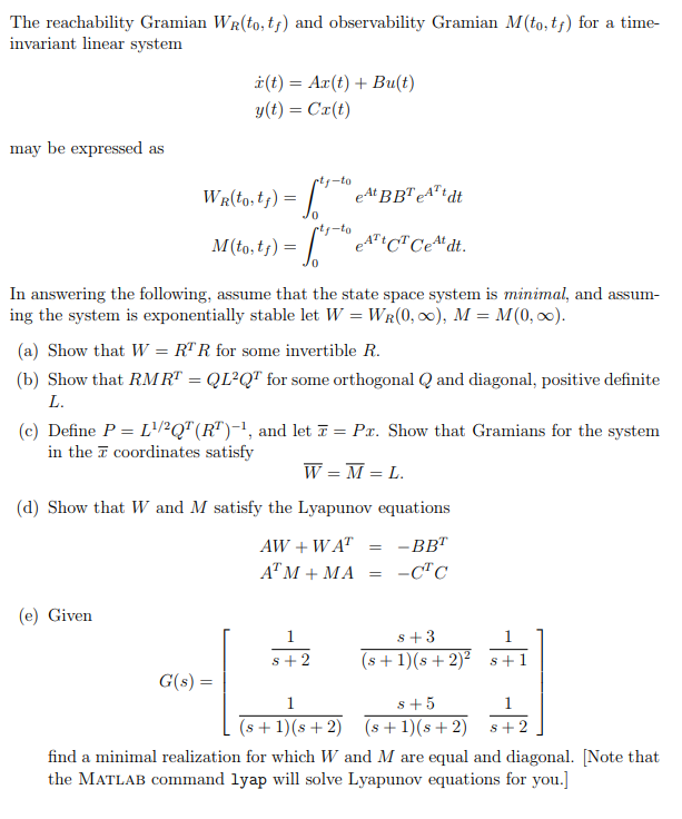 The reachability Gramian WR(to,t and observability | Chegg.com