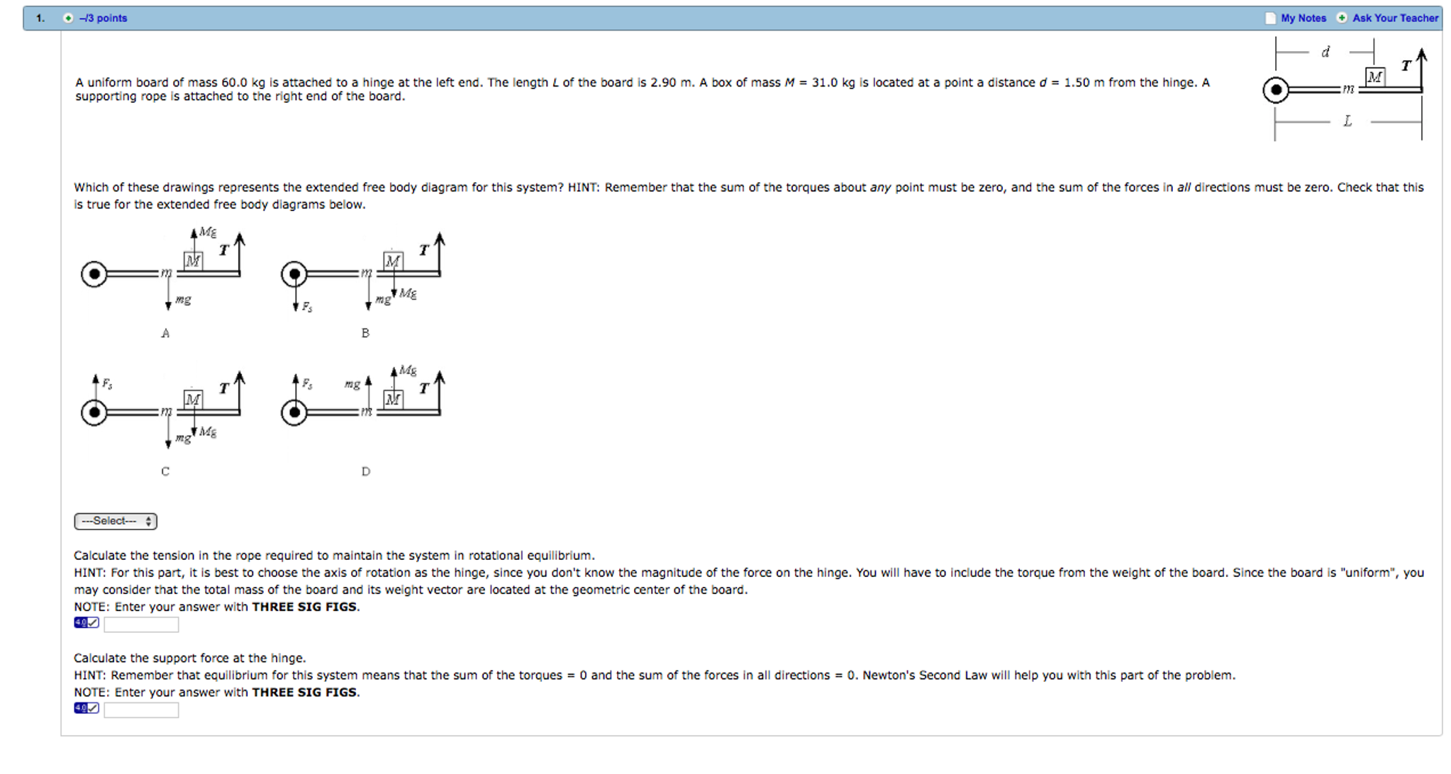 Solved A uniform board of mass 60.0kg is attached at a left | Chegg.com