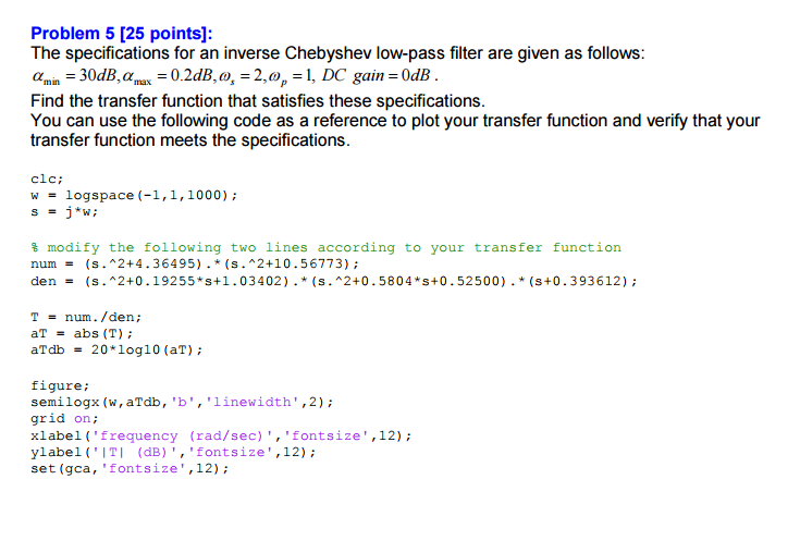 The specifications for an inverse Chebyshev low-pass | Chegg.com