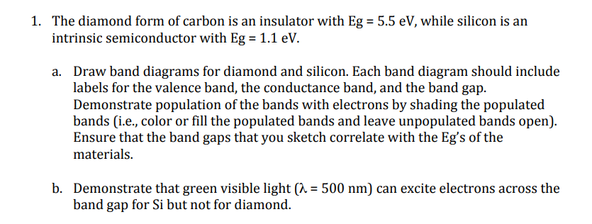 Solved 1. The diamond form of carbon is an insulator with Eg | Chegg.com