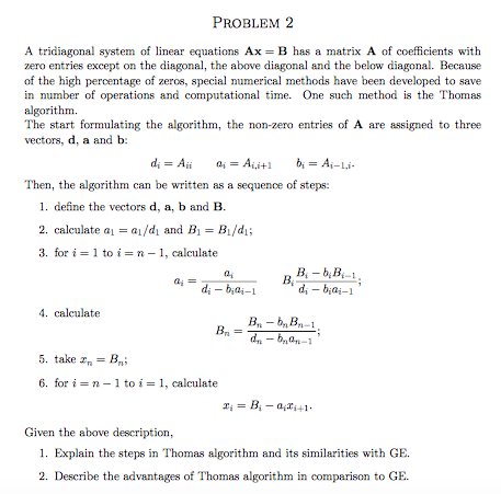 A tridiagonal system of linear equations Ax = B has a | Chegg.com