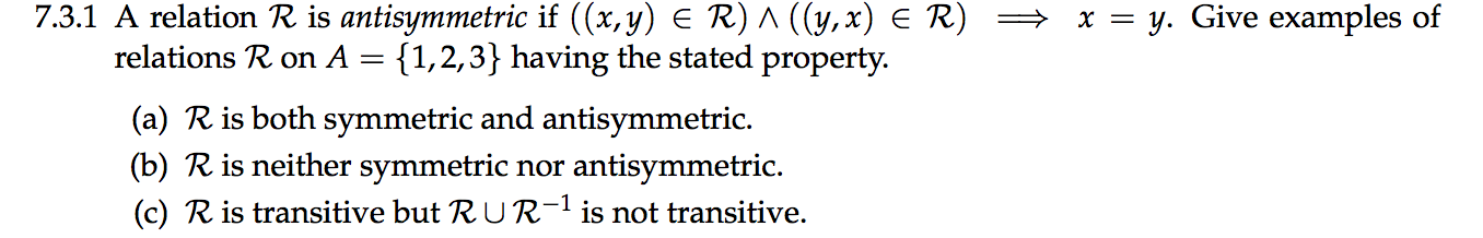 Solved A relation R is antisymmetric if ((x, y) R) ((y, x) | Chegg.com