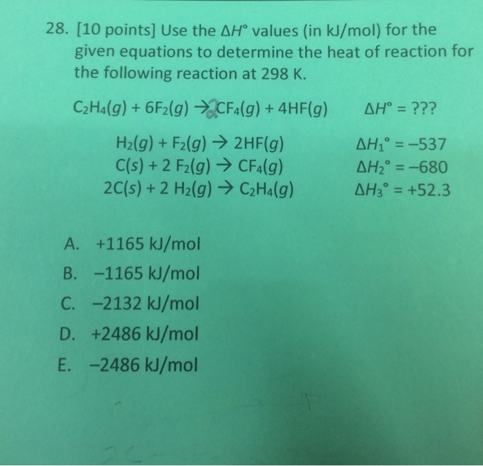 Solved Use the delta H degree values (in kJ/mol) for the | Chegg.com