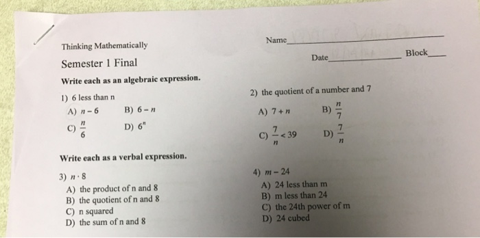 Solved Write each as an algebraic expression. 6 less than n | Chegg.com