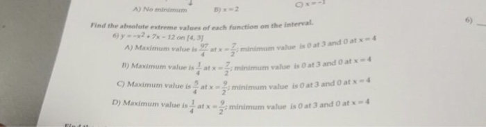 Solved Find the absolute extreme values of each function on | Chegg.com