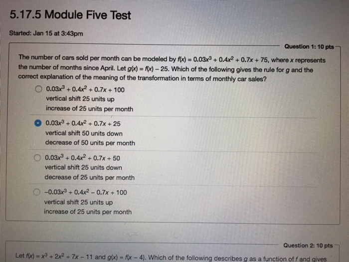 Solved 5.17.5 Module Five Test Started: Jan 15 at 3:43pm | Chegg.com