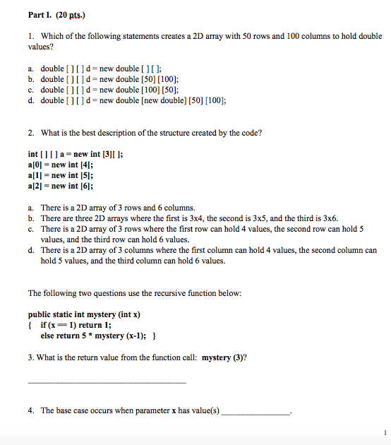 Solved Part I. (20 pts.) l. Which of the following | Chegg.com