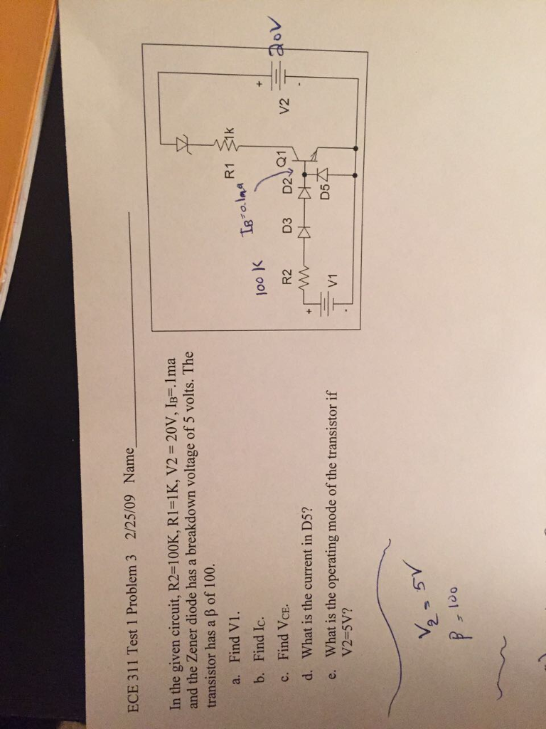 Solved In the given circuit, R2 = 100K, R1 = 1K, V2 = 20V, | Chegg.com