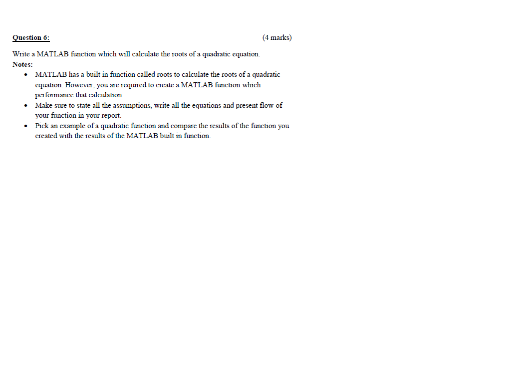 Solved Question 6 4 Marks Write A Matlab Function Which 2665