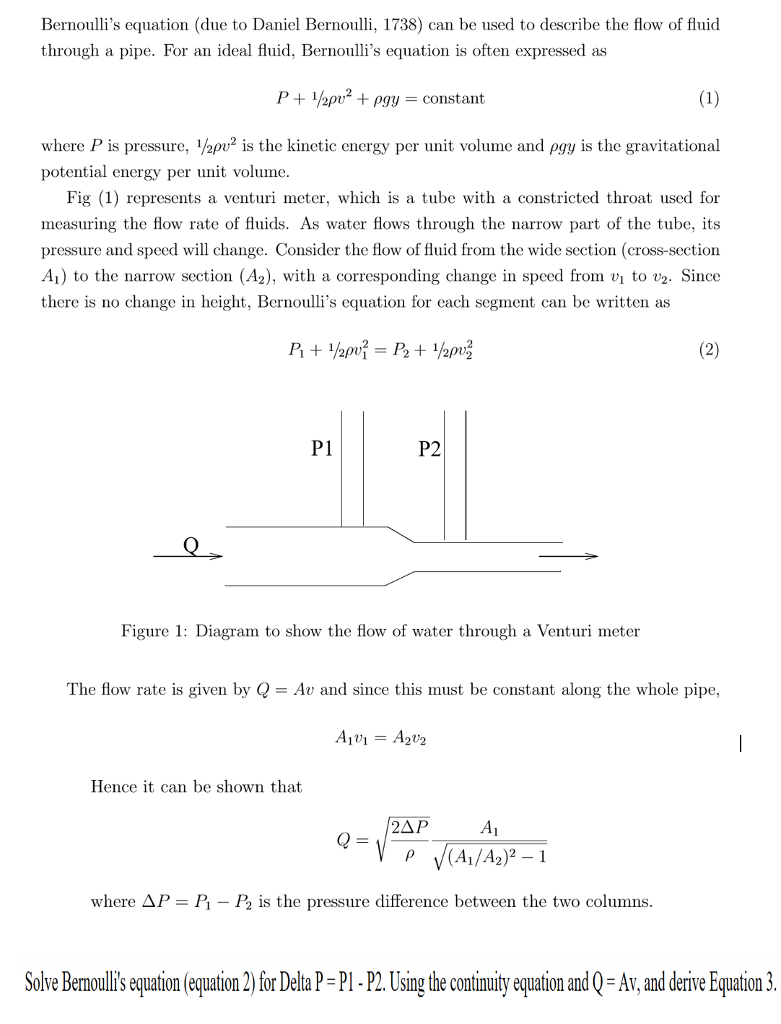 Solved Bernoulli's equation (due to Daniel Bernoulli, 1738) | Chegg.com