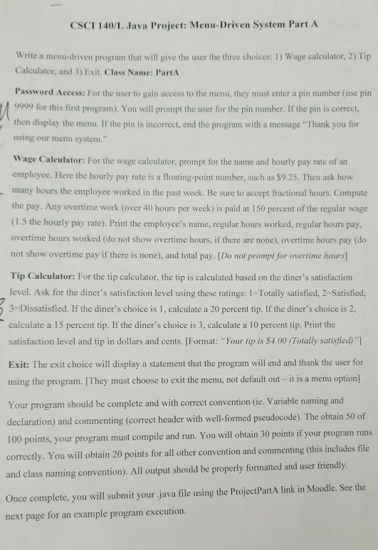 Solved CSCI 140/L Java Proj eet: Menu-Driven System Part A | Chegg.com