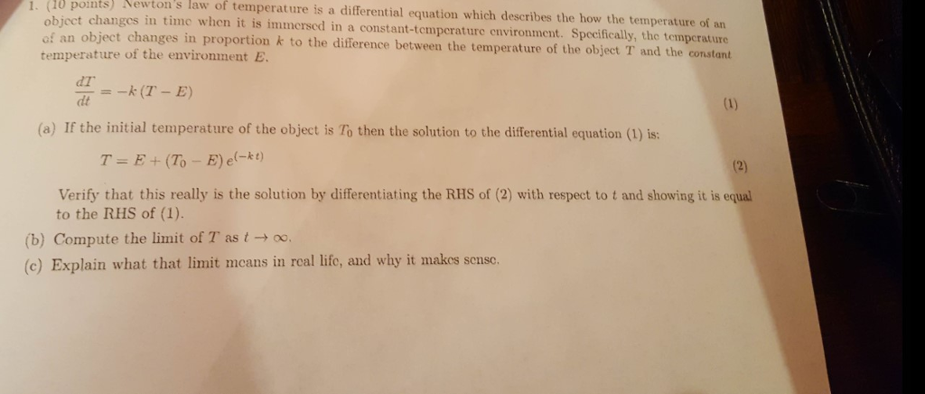 Solved Newton's law of temperature is a differential | Chegg.com