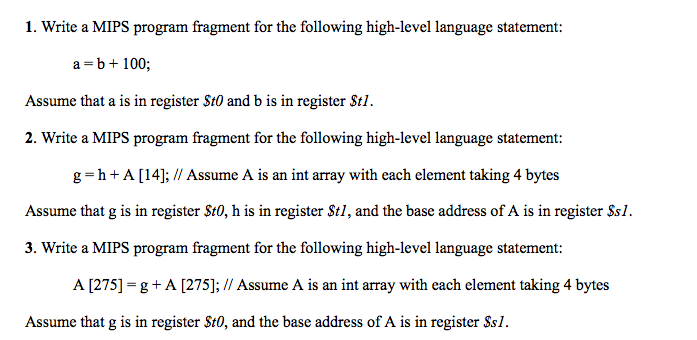 Solved Write a MIPS program fragment for the following | Chegg.com