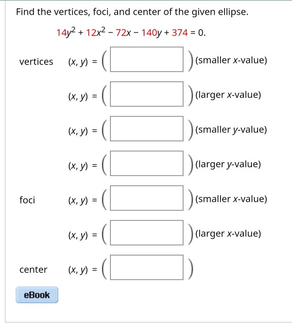 Solved Find the vertices, foci, and center of the given | Chegg.com