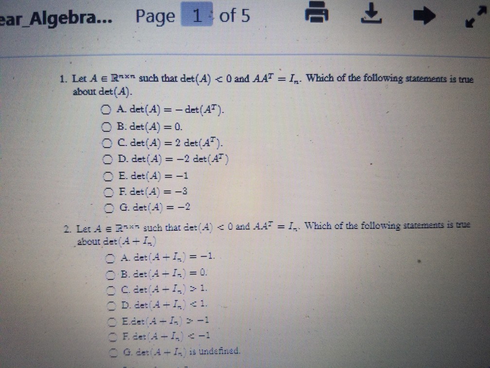 Solved Algebra Page?of 5 ear 1. Let A E Rnxn such that det | Chegg.com