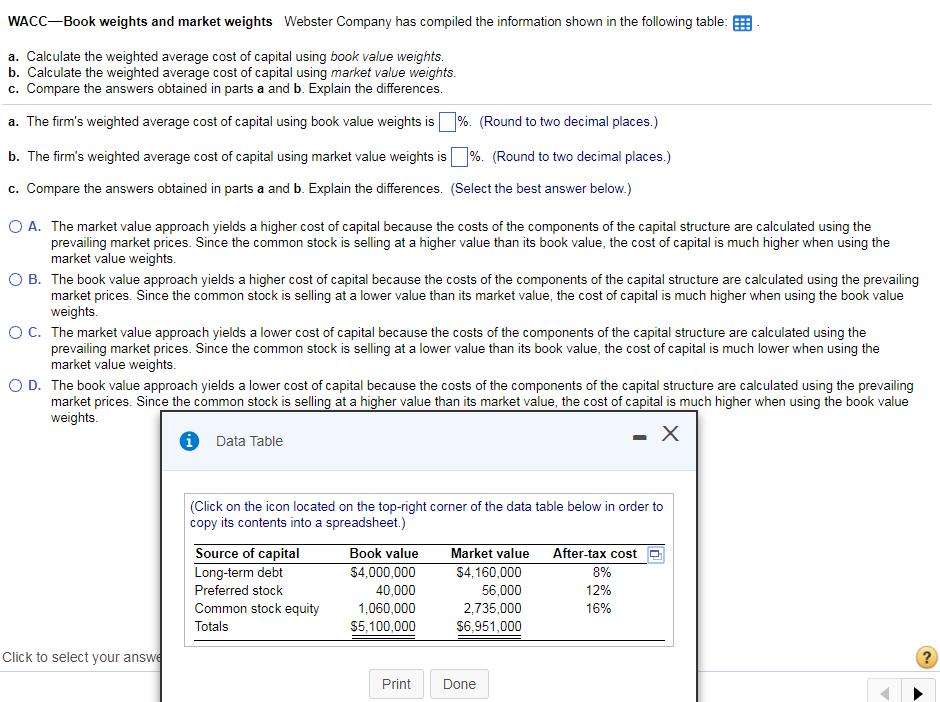 Solved WACC-Book weights and market weights Webster Company | Chegg.com