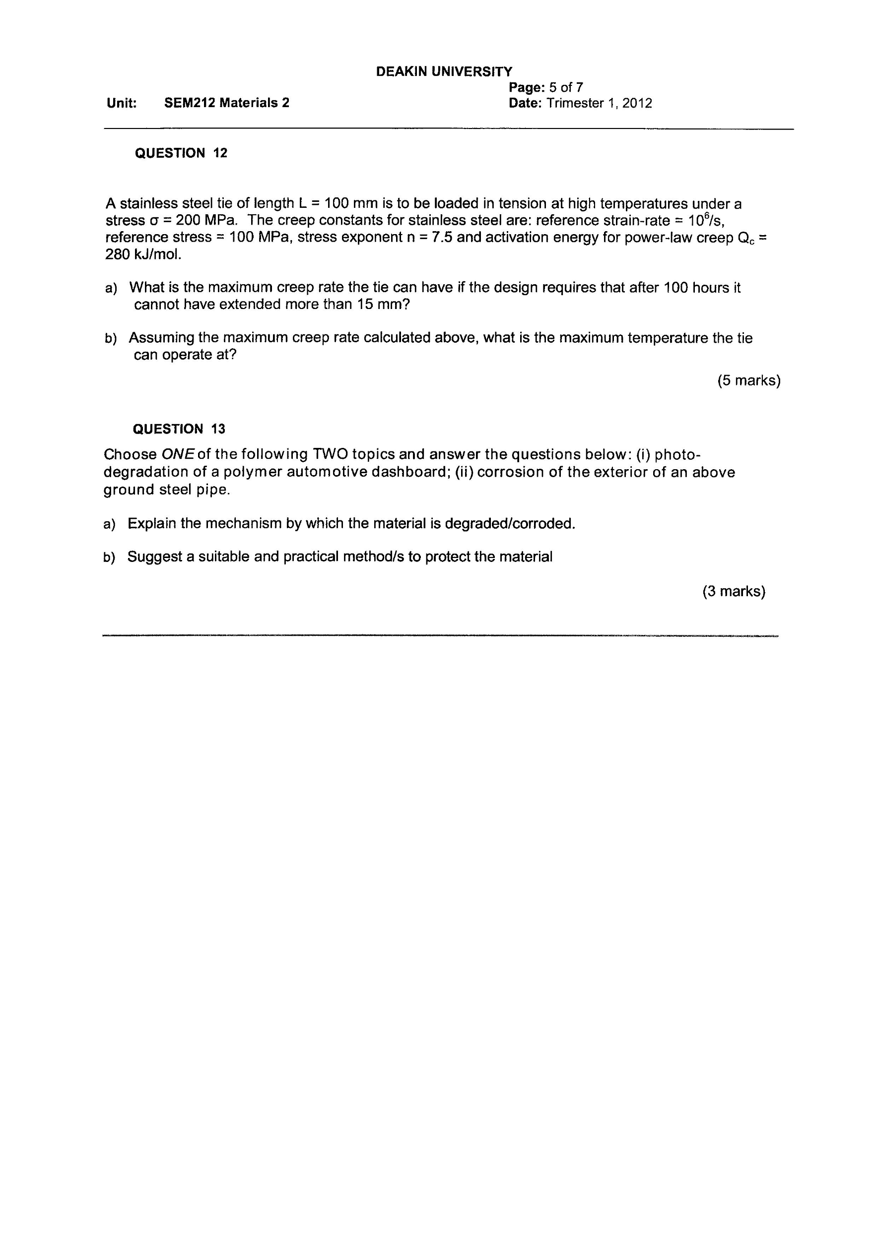 Solved DEAKIN UNIVERSITY Page 1 of 7 Unit SEM212 Materials 2 | Chegg.com