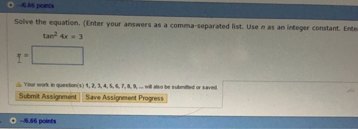 Solved Solve the equation. tan^2 4x = 3 x= | Chegg.com