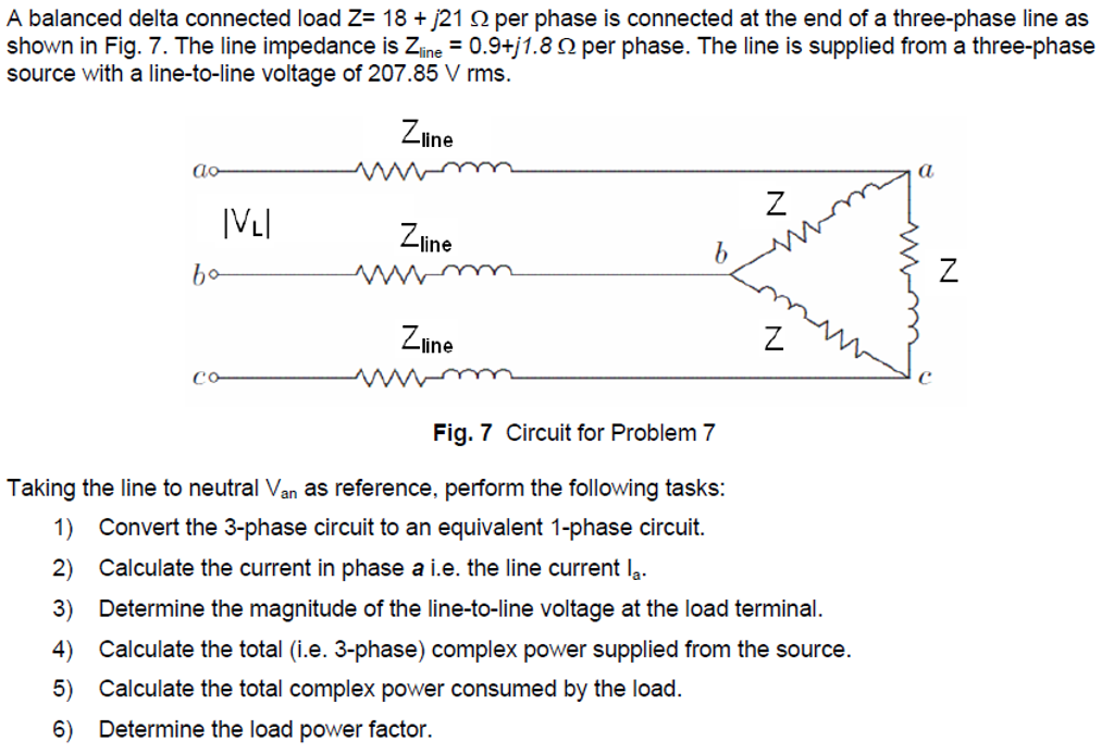 Solved A balanced delta connected load Z = 18 + j21 Ohm per | Chegg.com