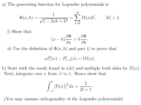 Solved A The Generating Function For Legendre Polynomials