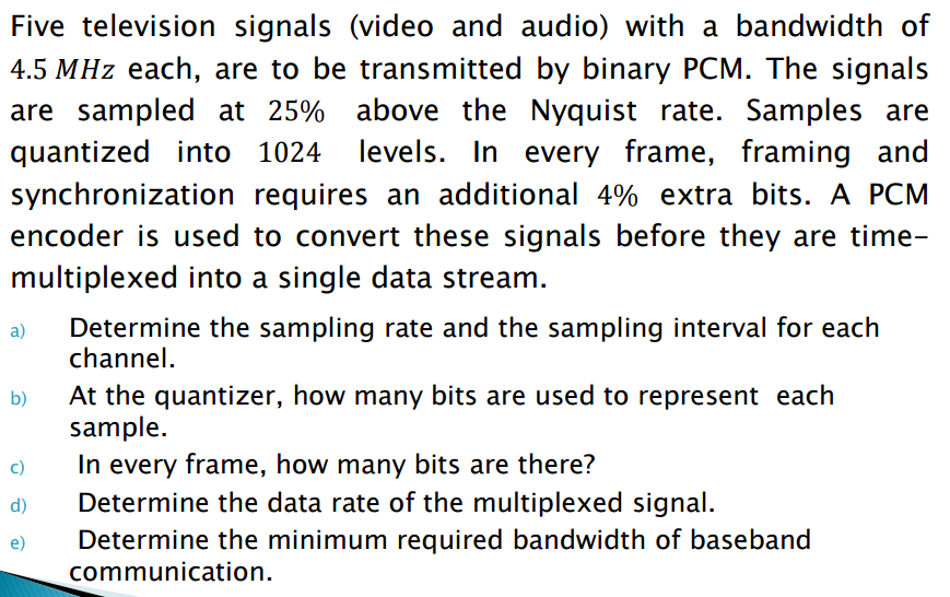 Solved Five television signals (video and audio) with a | Chegg.com