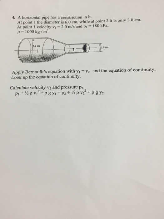 Solved A horizontal pipe has a constriction in it. At point | Chegg.com