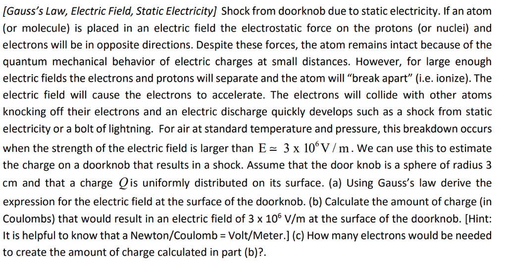 Solved [Gauss's Law, Electric Field, Static Electricity] | Chegg.com