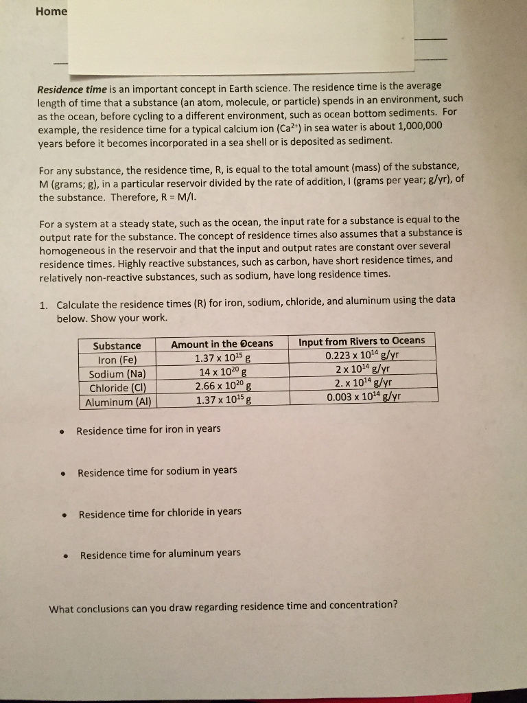 Solved Home Residence time is an important concept in Earth | Chegg.com