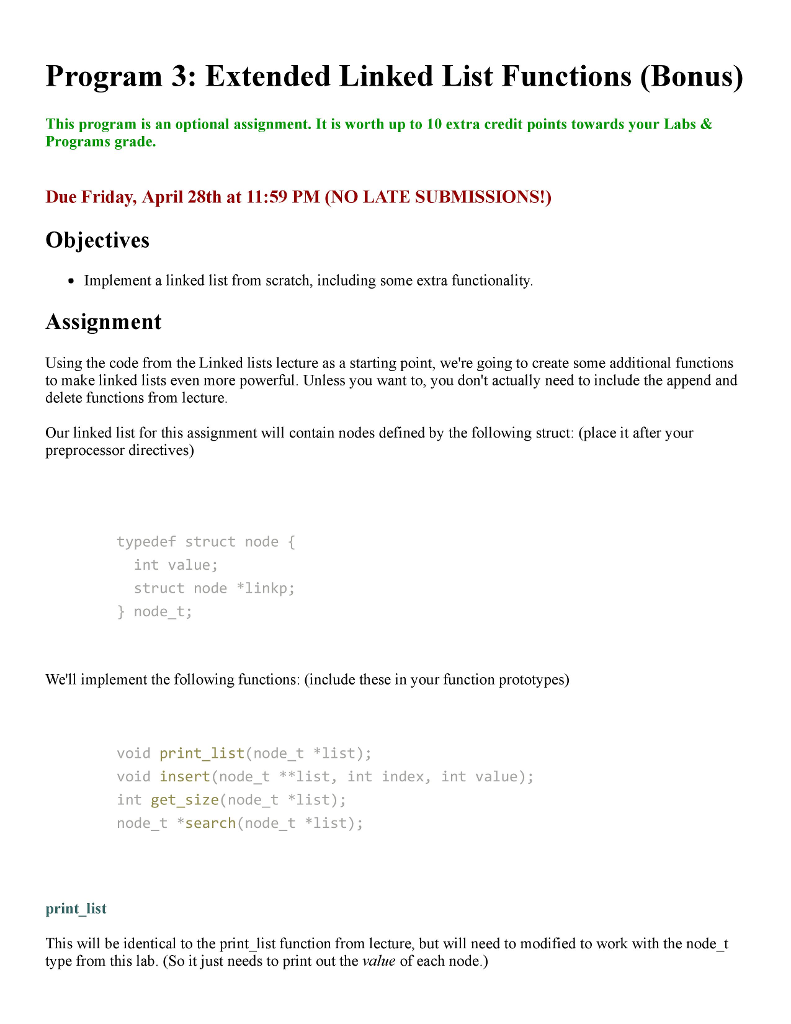 Solved Program 3: Extended Linked List Functions (Bonus) | Chegg.com
