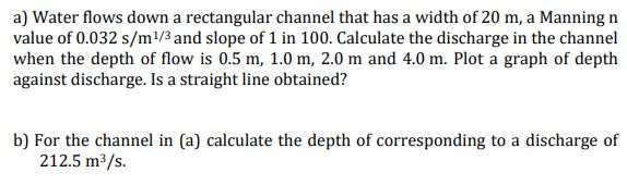 Solved a) Water flows down a rectangular channel that has a | Chegg.com