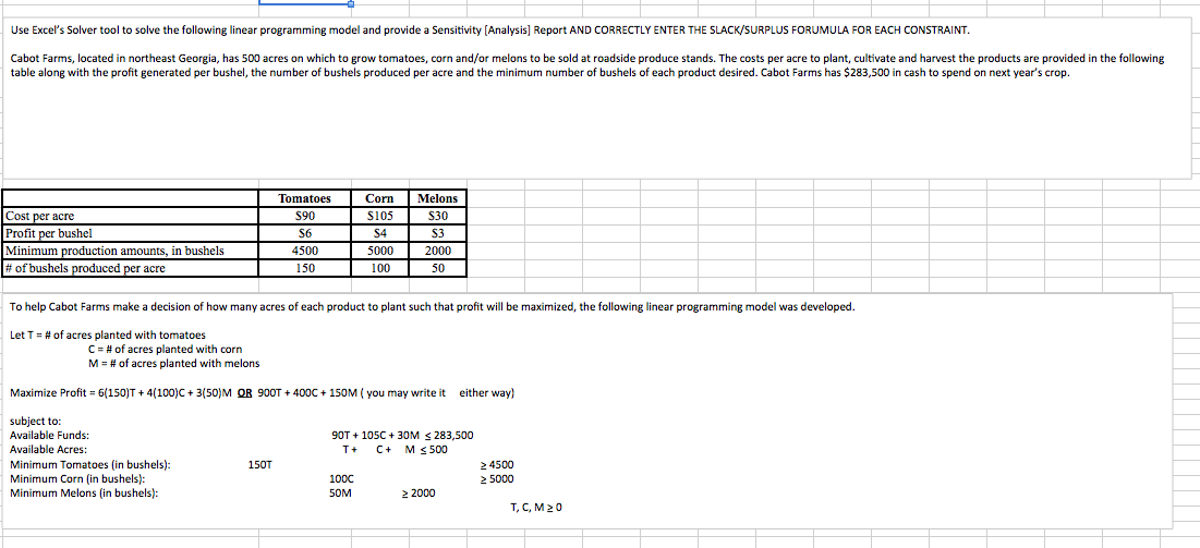 Use Excel's Solver tool to solve the following linear | Chegg.com