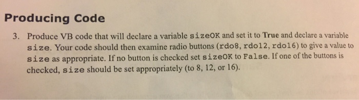 Solved Produce VB code that will declare a variable sizeOK | Chegg.com