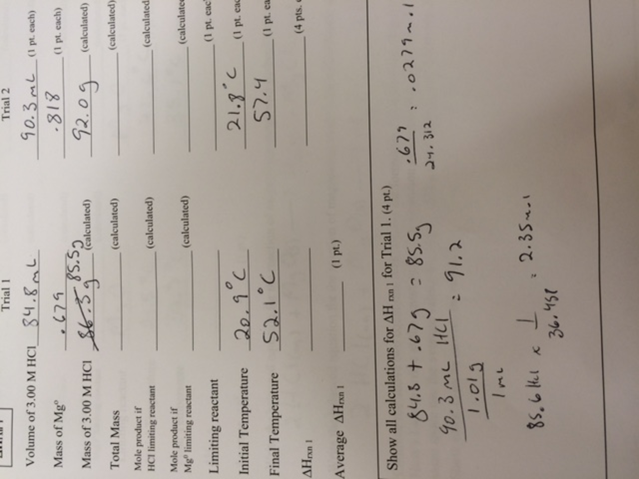 Show all calculations for delta H_rxn 1 for Trial 1. | Chegg.com