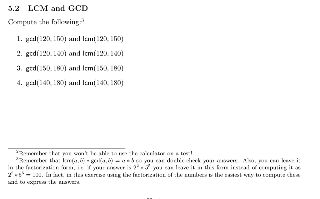 Solved 5.2 LCM and GCD Compute the following:3 1. gcd 120, | Chegg.com