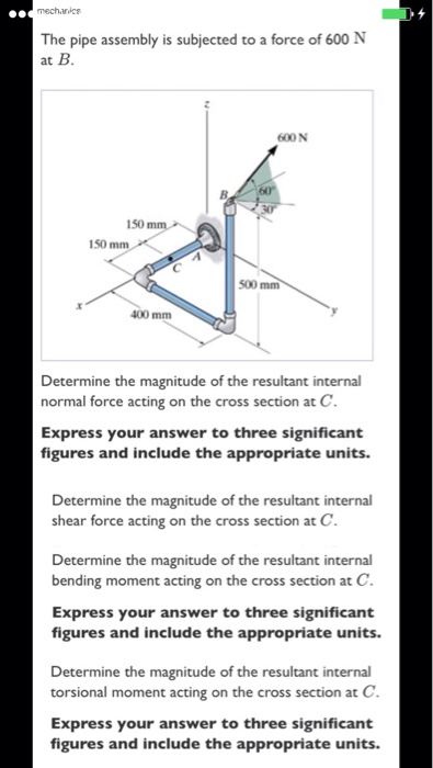 Solved The pipe assembly is subjected to a force of 600 N at | Chegg.com