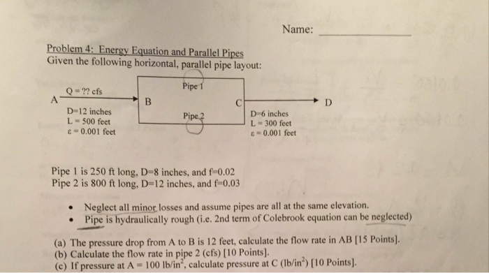 Solved Problem 4: Energy Equation and Parallel Pipes Given | Chegg.com