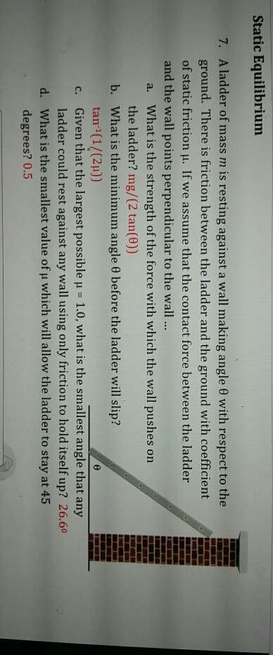 Solved Static Equilibrium A ladder of mass m is resting | Chegg.com