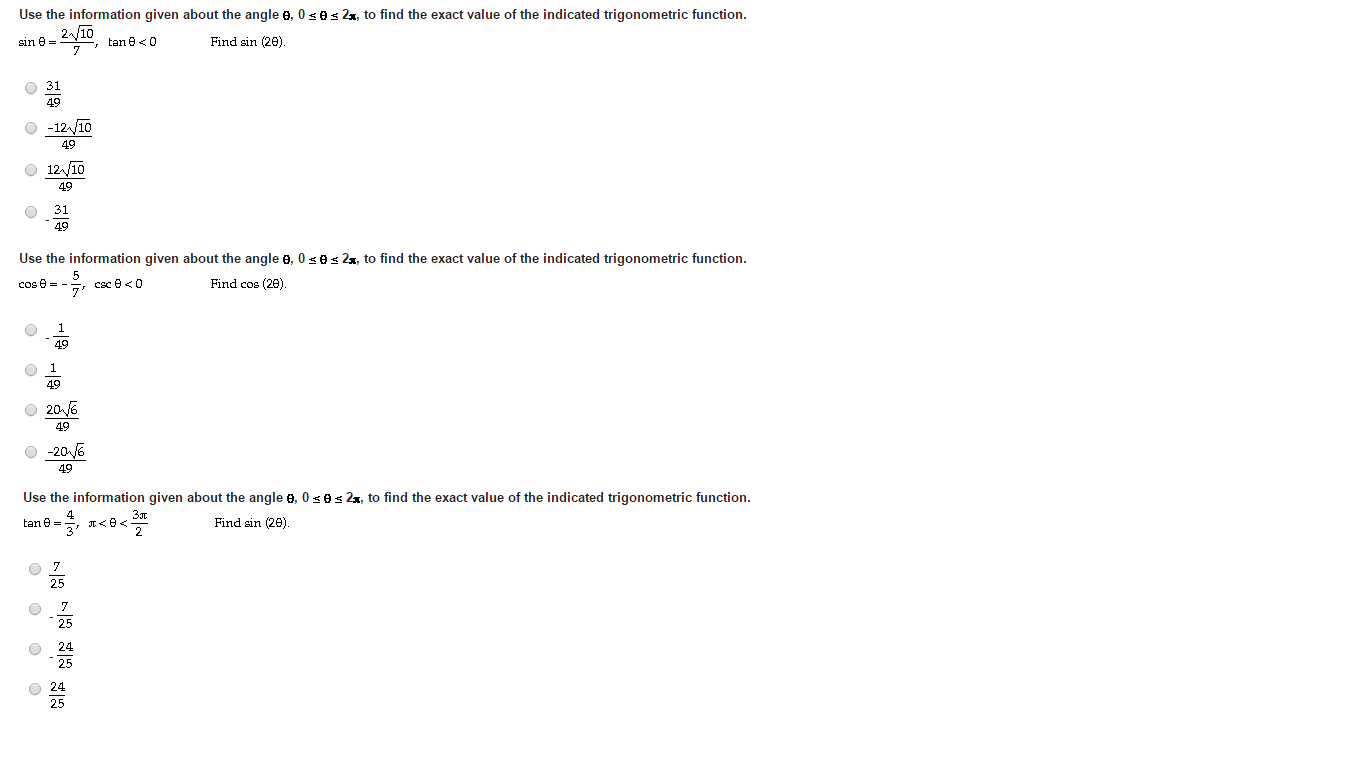 Solved Use the information given about the angle theta, 0 | Chegg.com