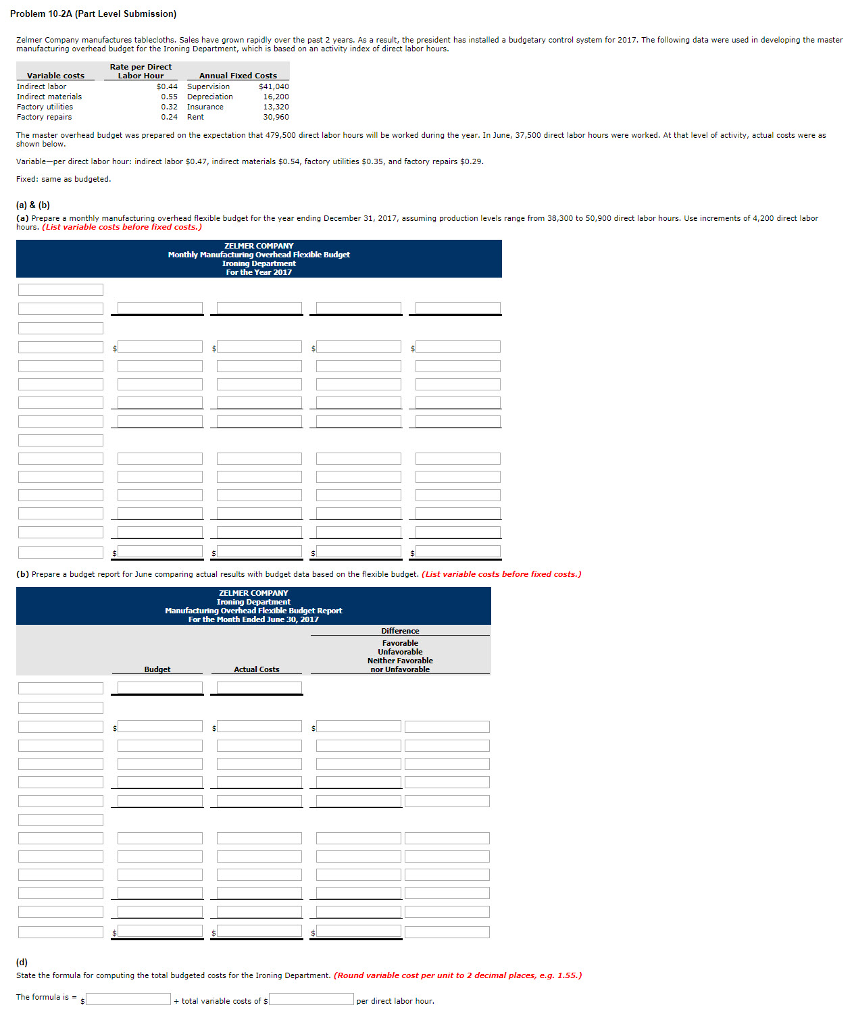 Solved Problem 10-2A (Part Level Submission) Zelmer Company | Chegg.com