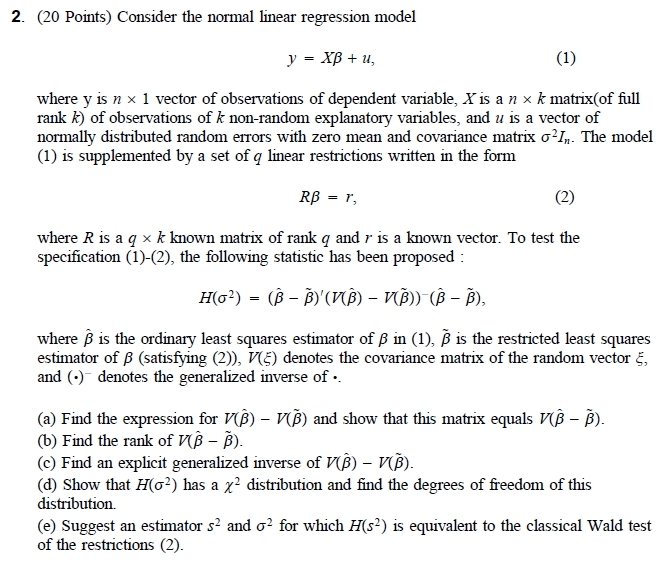 2. (20 Points) Consider the normal linear regression | Chegg.com
