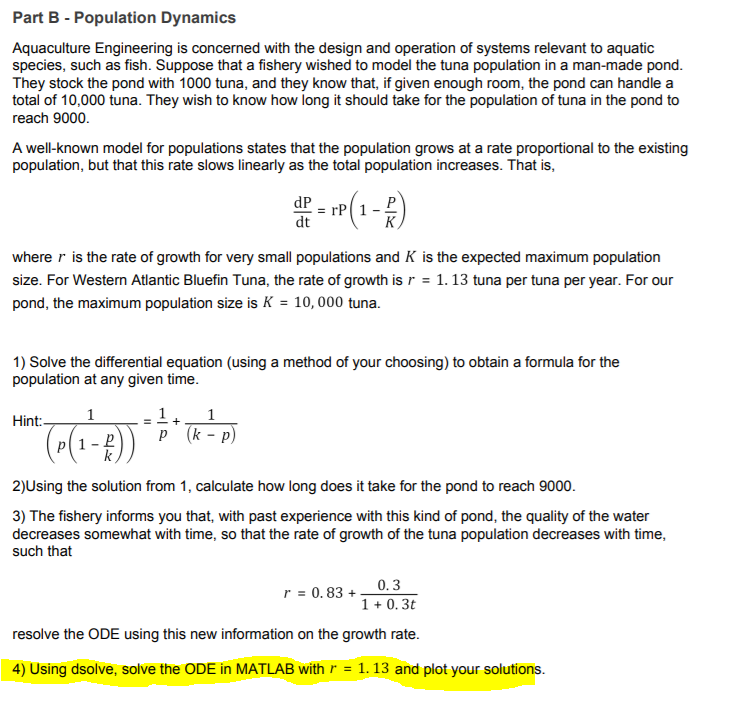 Solved Part B - Population Dynamics Aquaculture Engineering | Chegg.com