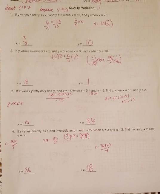 Solved nuise yek/CL4:Variation 1. If y varies directly as x, | Chegg.com