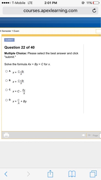 Solved Solve the formula Ax + By = C for x. A. x = C-By/A | Chegg.com