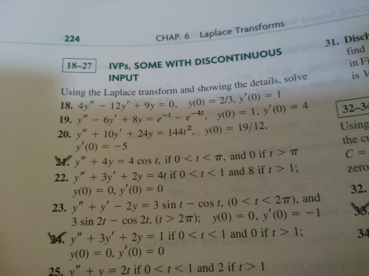 Solved 224 CHAP. 6 Laplace Transforms 31. Disch 18-27/ IVPs, | Chegg.com